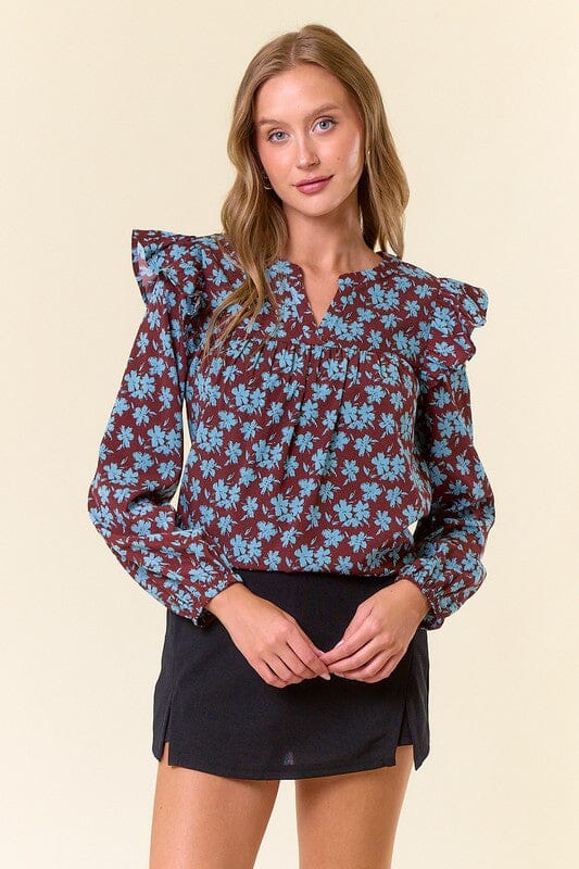 Cocoa and Blue Floral Flutter Sleeve Top – SNAP-Something New And Pretty
