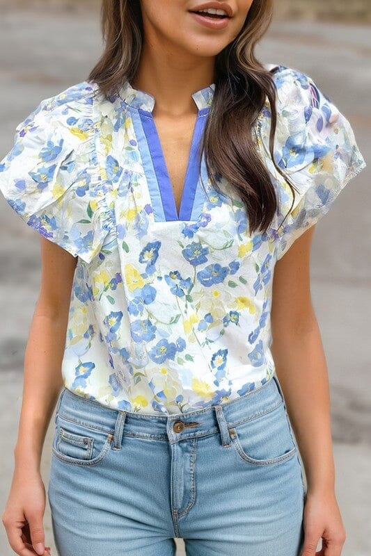 Floral Frill Sleeve Top with Notch Stripe Detail – SNAP-Something New ...