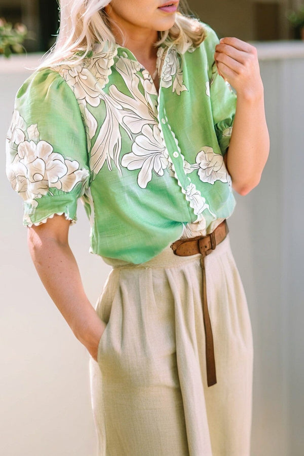 Floral Ric Rac Edge Puff Sleeve Blouse - SNAP-Something New And Pretty