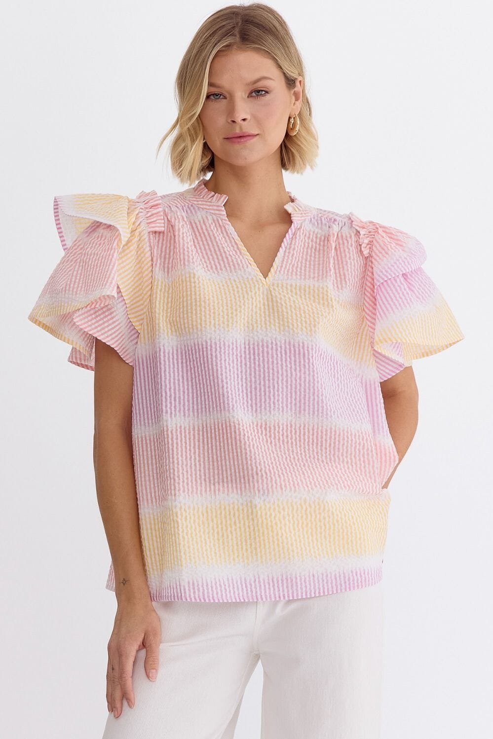 Seersucker Colorblock Top - SNAP-Something New And Pretty