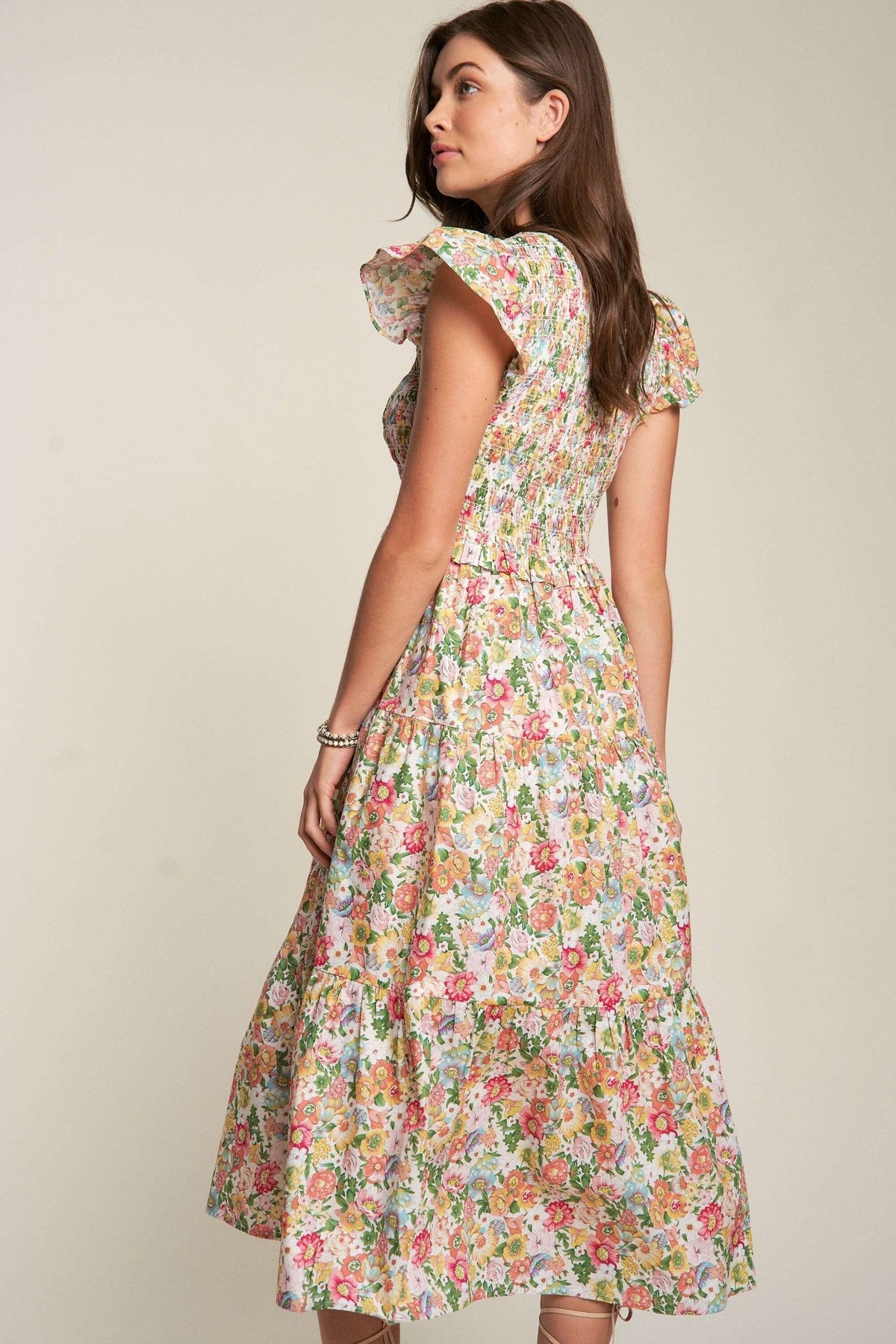 VINTAGE GARDEN FLORAL TIERED MIDI DRESS - SNAP-Something New And Pretty