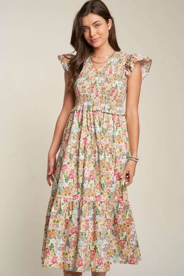 VINTAGE GARDEN FLORAL TIERED MIDI DRESS - SNAP-Something New And Pretty