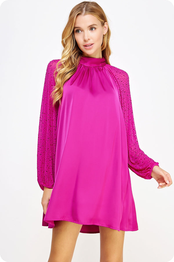 Rhinestone Illusion Sleeve Satin Mini Dress Snap Something New And Pretty